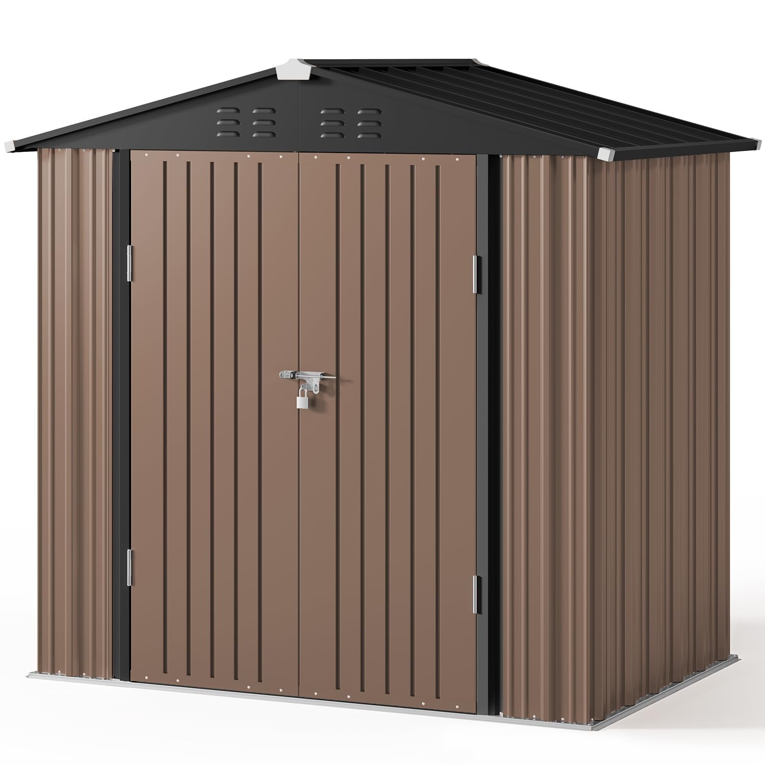 Gizoon Outdoor Storage Shed 6 x 4 FT, Galvanized Metal Garden Shed with Double Lockable Doors, Outdoor Storage Clearance for Backyard Patio Lawn-Light Brown