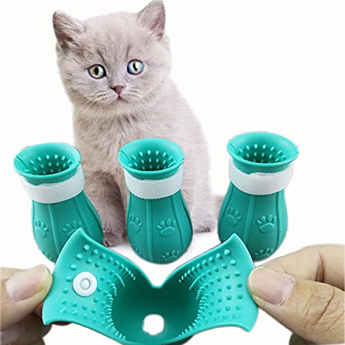 Tmsuxin Cat Boots for Cats Only, Anti-Scratch Cat Feet Covers Adjustable Prickly Anti-Off Shoes for Cat Silicone Cat Paw Protector Boots for Cats of Various Sizes for Cat Bathing and Shaving (Blue)