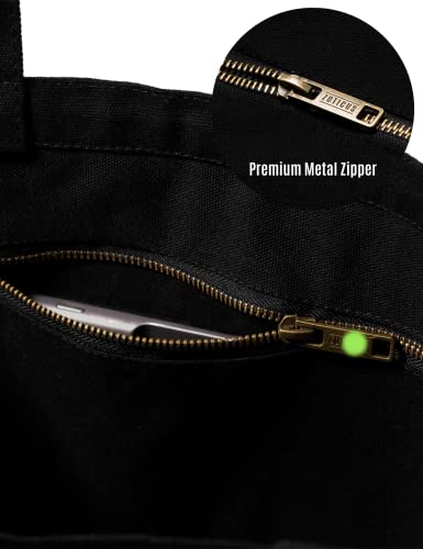 2 Pcs Cotton Canvas Tote Bag Inner Zipper Pocket 12oz 16"x17" Heavy Duty Blank Black Reusable Grocery Shopping Bag Large Plain Cloth Bag for Promotion, Advertising, DIY, Gift