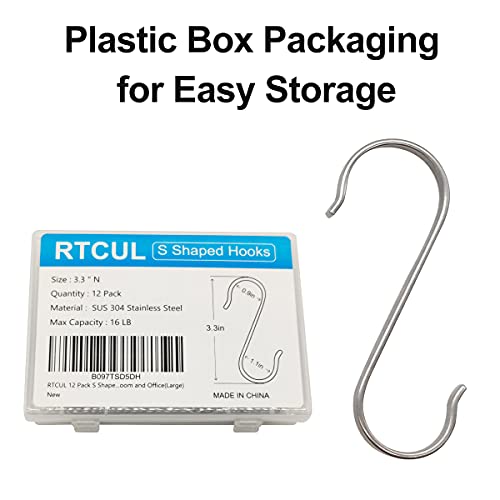 RTCUL S Hooks Heavy Duty 304 Stainless Steel 3.3" Hooks 12 Pack S Shaped Hanging Hooks for Kitchen, Bathroom, Bedroom and Office(0.9in×1.1in×3.3in)