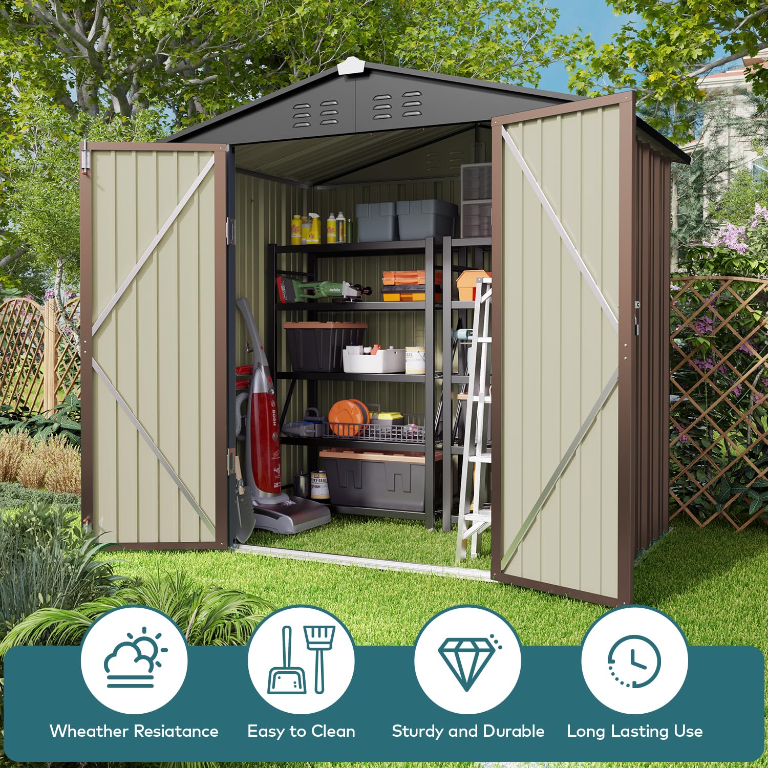 Gizoon Outdoor Storage Shed 6 x 4 FT, Galvanized Metal Garden Shed with Double Lockable Doors, Outdoor Storage Clearance for Backyard Patio Lawn-Light Brown