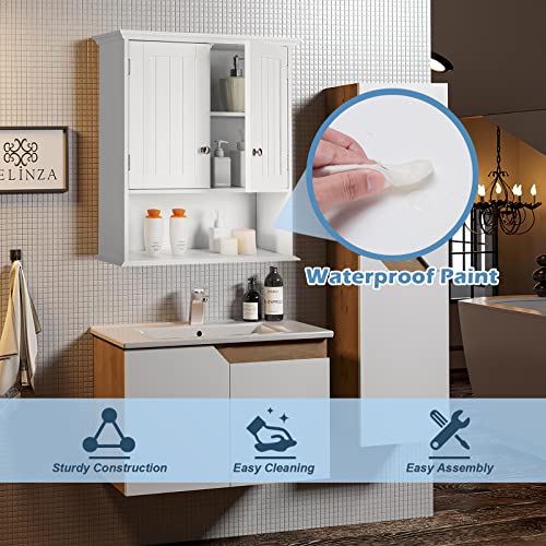 LOKO Bathroom Wall Cabinet, Wall Mounted Storage Cabinet with Double Doors, Multifunctional Medicine Cabinet with Adjustable Shelf, 23.5 x 7.5 x 28 inches (White)