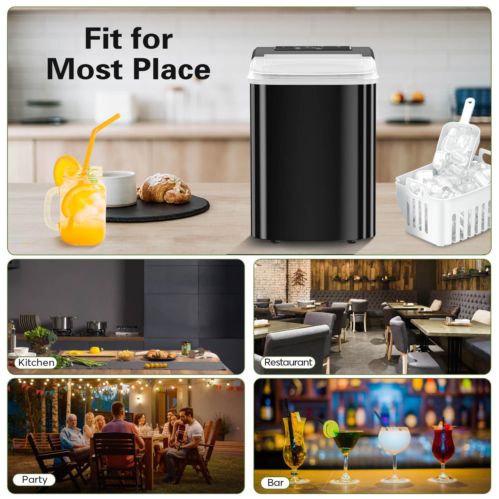 Zvoutte Portable Countertop Ice Maker Machine - Self-Cleaning Ice Makers with Ice Scoop and Basket, 9 Cubes in 8-10 mins, 26 lbs/24 Hours, for Home/Kitchen/Bar/Office/Camping (Black)