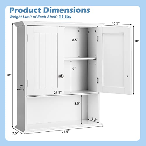 LOKO Bathroom Wall Cabinet, Wall Mounted Storage Cabinet with Double Doors, Multifunctional Medicine Cabinet with Adjustable Shelf, 23.5 x 7.5 x 28 inches (White)