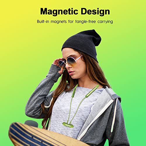 Tecno Magnetic Wireless Bluetooth Headphones, Bluetooth Earbuds Neckband with Microphone, Bluetooth 5.2 Wireless Earphones with Mic for Workout Running, Green