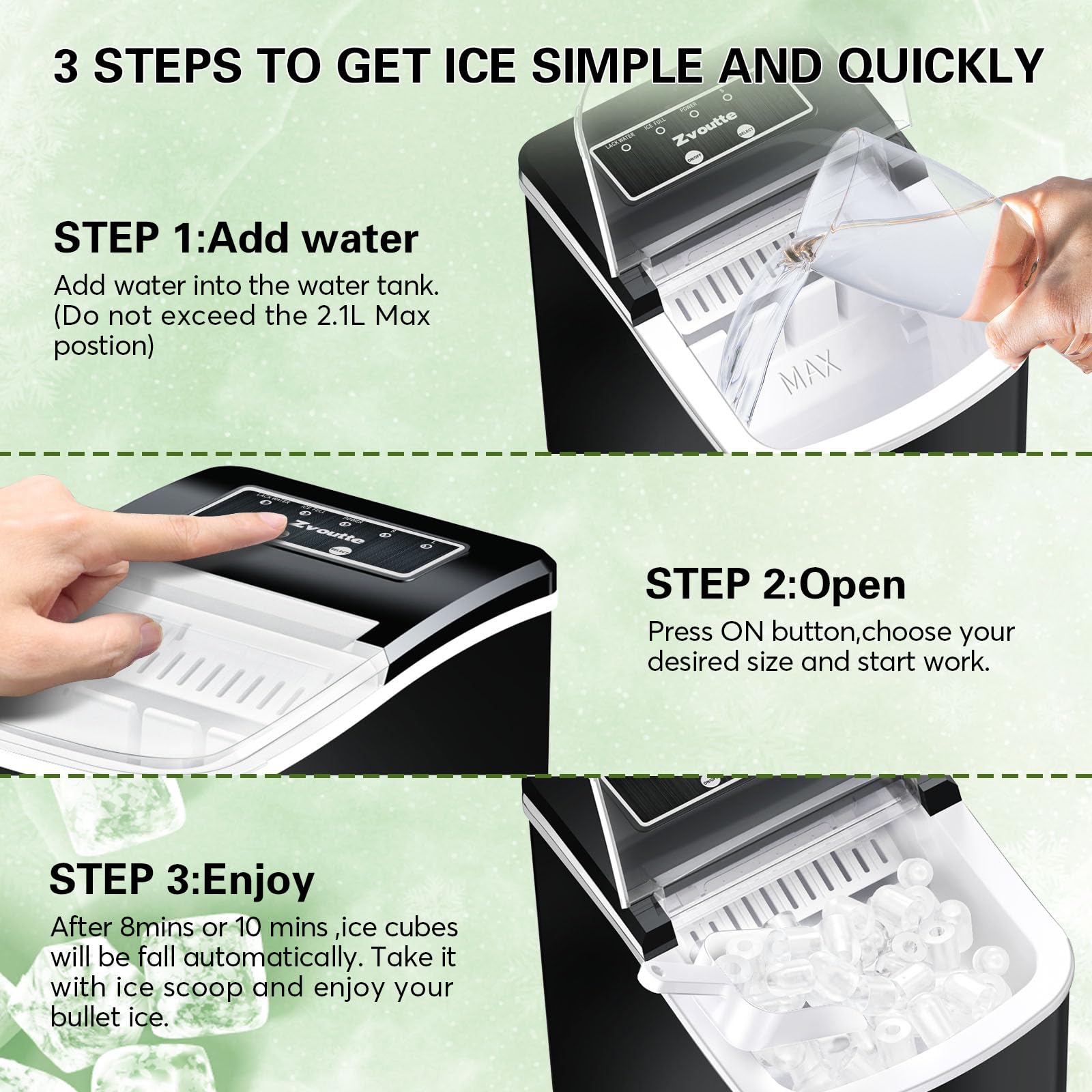 Zvoutte Portable Countertop Ice Maker Machine - Self-Cleaning Ice Makers with Ice Scoop and Basket, 9 Cubes in 8-10 mins, 26 lbs/24 Hours, for Home/Kitchen/Bar/Office/Camping (Black)