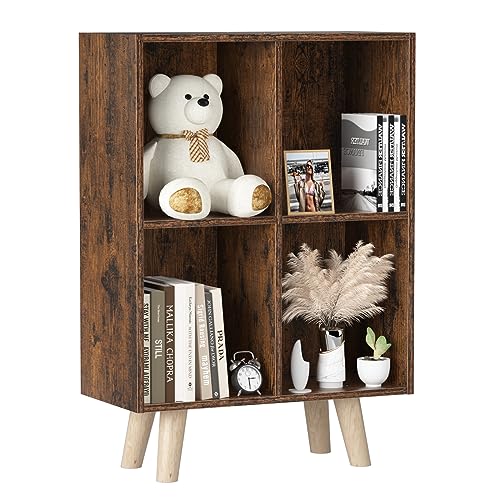 Gannyfer Cube Bookshelf, 2 Tier Vintage Free Standing Open Bookcase, Mid-Century Modern Bookshelves with Wood Legs, Book Storage Organizer Shelf, Rustic Brown Bookcases for Bedroom,Living Room,Office