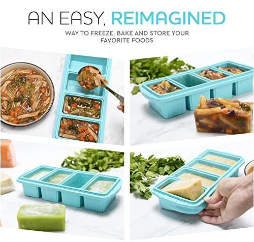 Large Ice Cube Freezing Tray - Soup Freezing Tray with Airtight Transparent Lid - 4Individual Compartments With Portion Scales - Storage For Broth, Sauces & Liquid Meal Prep - Oven & Dishwasher-Safe