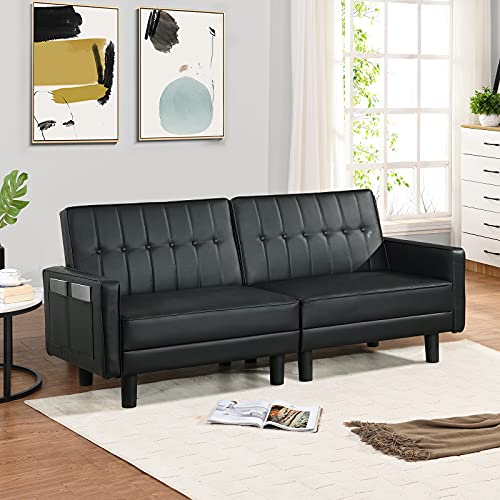 SAMERY Futon Sofa Bed Couch and Sleeper Sofas for Living Room, Faux Leather Convertible Folding Sofa Bed Couch and Loveseat for Small Space with Side Pockets Armrest and Sturdy Legs