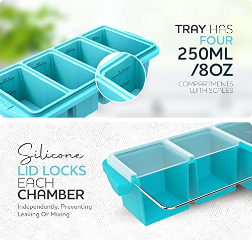 Large Ice Cube Freezing Tray - Soup Freezing Tray with Airtight Transparent Lid - 4Individual Compartments With Portion Scales - Storage For Broth, Sauces & Liquid Meal Prep - Oven & Dishwasher-Safe