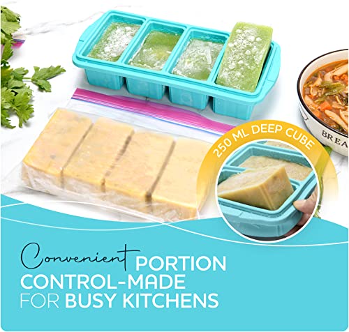 Large Ice Cube Freezing Tray - Soup Freezing Tray with Airtight Transparent Lid - 4Individual Compartments With Portion Scales - Storage For Broth, Sauces & Liquid Meal Prep - Oven & Dishwasher-Safe