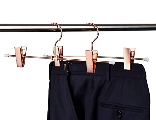 HUMIA 14 Inch Rose Copper Gold Metal Pants Skirts Hangers 12 Pack, Sturdy for Slacks Trousers with 2 Adjustable Non Slip Clips and Swivel Hook (Rose Copper, 12)