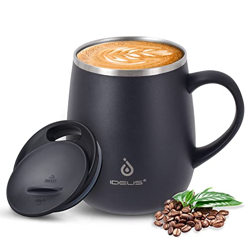 Ideus 16 oz Insulated Coffee Mug with Handle and Lid, Double Wall Stainless Steel Vacuum Insulated Tumbler Cup, Travel Coffee Cup Thermal Cup for Home and Office, Storm Black