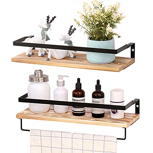 Luxiya Floating Shelves Bathroom Shelf Rustic Wood Wall Mounted Shelves Organizer with Removable Towel Holder Decorative Storage Shelf for Bathroom Kitchen,Set of 2