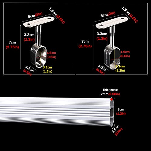 RAUGAJ Silver Aluminum Alloy Closet Rod Cuttable, 30-140Cm Long Oval Clothes Hanging Bar Top Mount, for Nursery/Home/Hotel/Office, with Bracket Kits/Closet W/D 23.6"(60Cm)