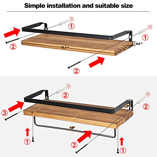 Luxiya Floating Shelves Bathroom Shelf Rustic Wood Wall Mounted Shelves Organizer with Removable Towel Holder Decorative Storage Shelf for Bathroom Kitchen,Set of 2