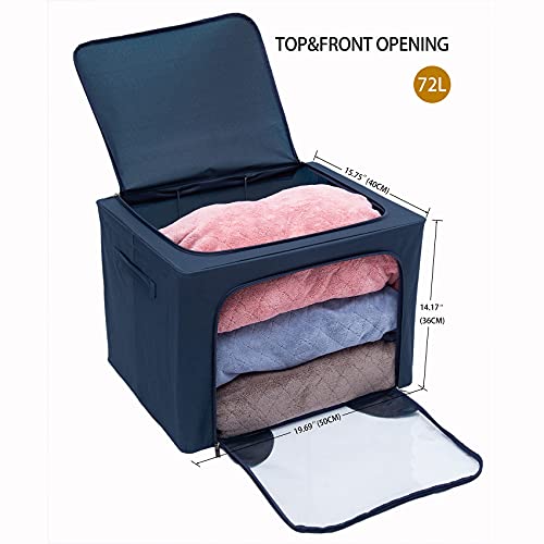 Tasmegol 2 Pack 72L Stackable Steel Metal Frame Clothes Storage Bins Foldable Zipper Cloth Box Oxford Fabric Clothing Bags Large Clear Window Closet Containers Organizer for Bedding Sweater