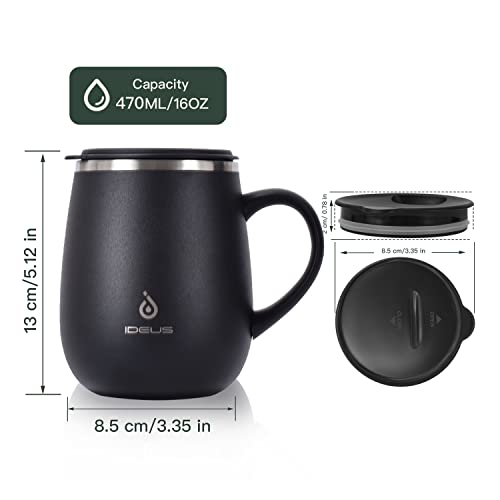 Ideus 16 oz Insulated Coffee Mug with Handle and Lid, Double Wall Stainless Steel Vacuum Insulated Tumbler Cup, Travel Coffee Cup Thermal Cup for Home and Office, Storm Black