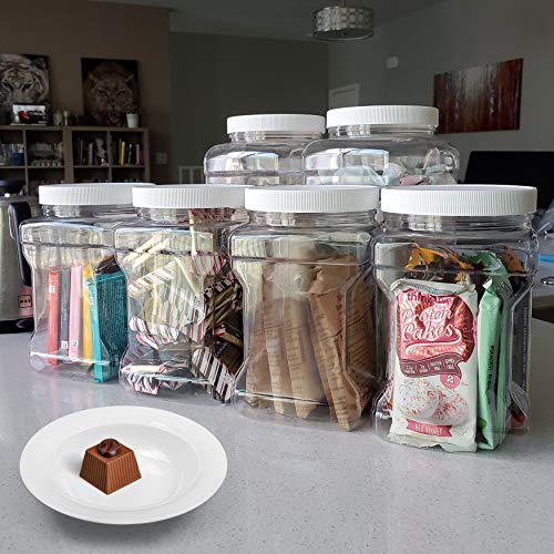 Kelkaa 1 Gallon Clear PET Plastic Square Wide Mouth Jars with Grip Handle and White Ribbed Lined Caps, BPA Free, Multi-Use Containers, Household Dried Food Canisters, Made in the USA (Pack of 2)
