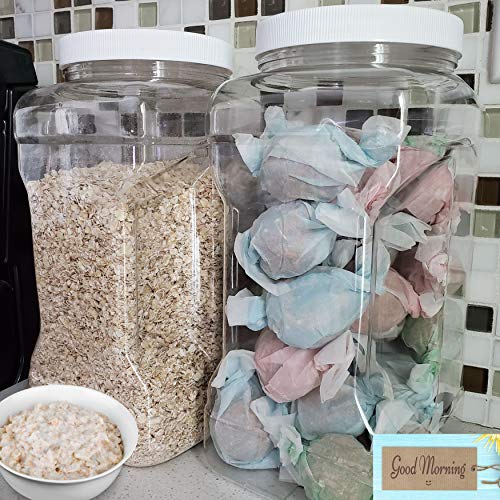 Kelkaa 1 Gallon Clear PET Plastic Square Wide Mouth Jars with Grip Handle and White Ribbed Lined Caps, BPA Free, Multi-Use Containers, Household Dried Food Canisters, Made in the USA (Pack of 2)