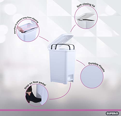 Superio Slim Step On Pedal Plastic Trash Can, Waste Bin for Under Desk, Office, Bedroom, Bathroom, Kitchen (2.5 gal) (White 2 Pack)