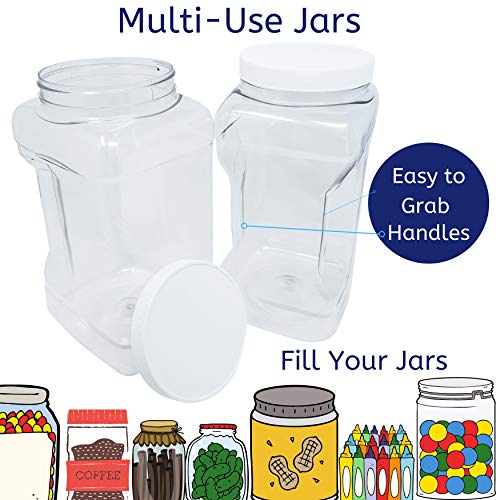 Kelkaa 1 Gallon Clear PET Plastic Square Wide Mouth Jars with Grip Handle and White Ribbed Lined Caps, BPA Free, Multi-Use Containers, Household Dried Food Canisters, Made in the USA (Pack of 2)