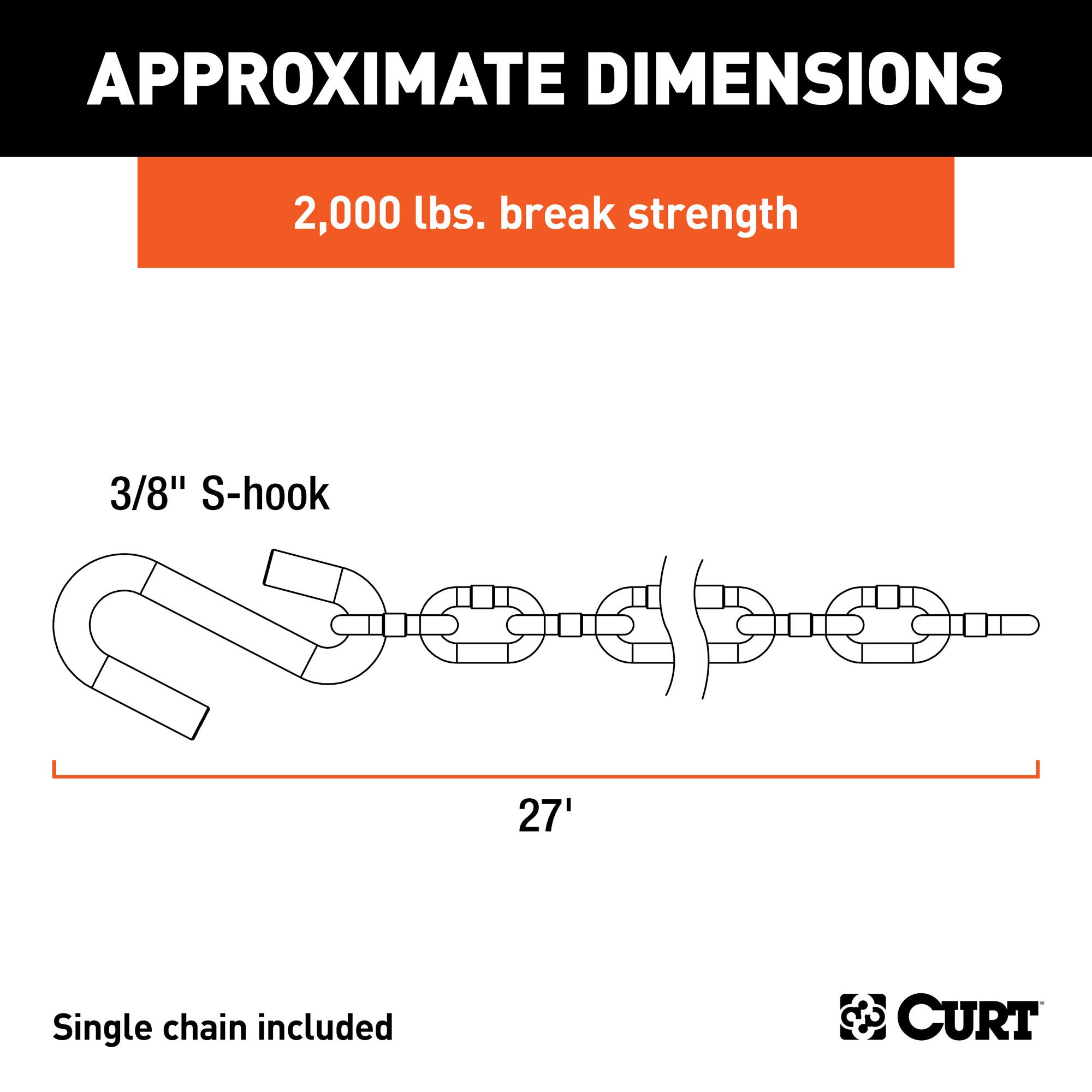 CURT 80020 27-Inch Trailer Safety Chain with 3/8-In S Hook, 2,000 lbs Break Strength