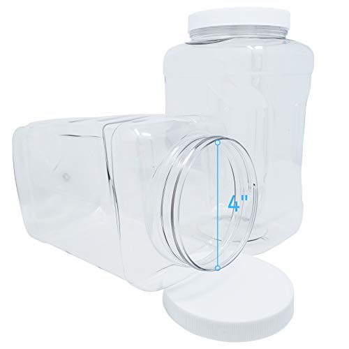 Kelkaa 1 Gallon Clear PET Plastic Square Wide Mouth Jars with Grip Handle and White Ribbed Lined Caps, BPA Free, Multi-Use Containers, Household Dried Food Canisters, Made in the USA (Pack of 2)