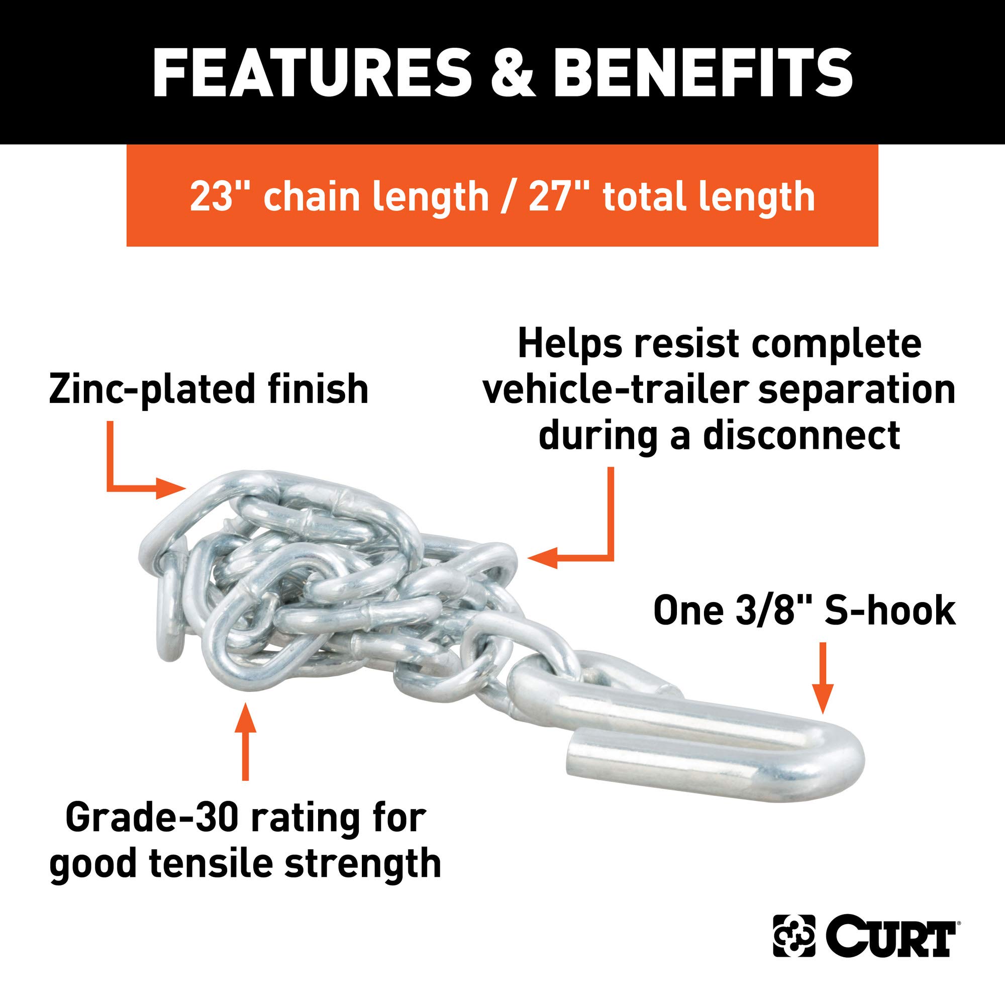 CURT 80020 27-Inch Trailer Safety Chain with 3/8-In S Hook, 2,000 lbs Break Strength
