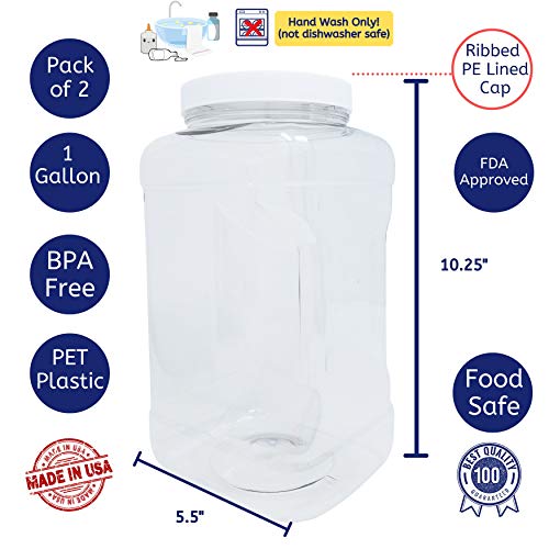 Kelkaa 1 Gallon Clear PET Plastic Square Wide Mouth Jars with Grip Handle and White Ribbed Lined Caps, BPA Free, Multi-Use Containers, Household Dried Food Canisters, Made in the USA (Pack of 2)