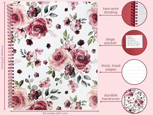 Steel Mill & Co Cute Large Spiral Notebook College Ruled, 11" x 9.5" with Durable Hardcover and 160 Lined Pages, Rose Floral