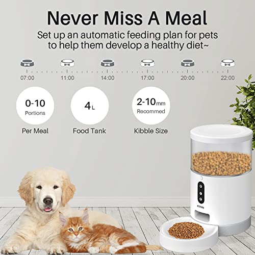 Peteme Automatic Cat Feeder,Smart Pet Feeder 4L with APP Control for Dry Food, 0-10 Portion Control for 1-6 Meals Daily, Auto Food Dispenser for Small Pets with 10s Voice Recording