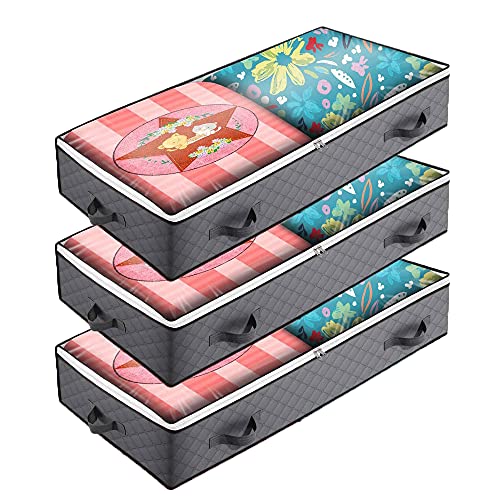 225L Large Capacity Underbed Storage Containers Set of 3 ,with 4 Reinforced Handle Thick Fabric for Comforters, Blankets, Bedding,Clothing , Clear Window(Dark gray)