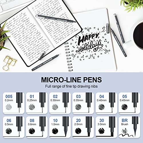 Mogyann Drawing Pens Black Art Pens for Drawing 12 Size Waterproof Ink Pens for Artists Sketching, Manga, Writing