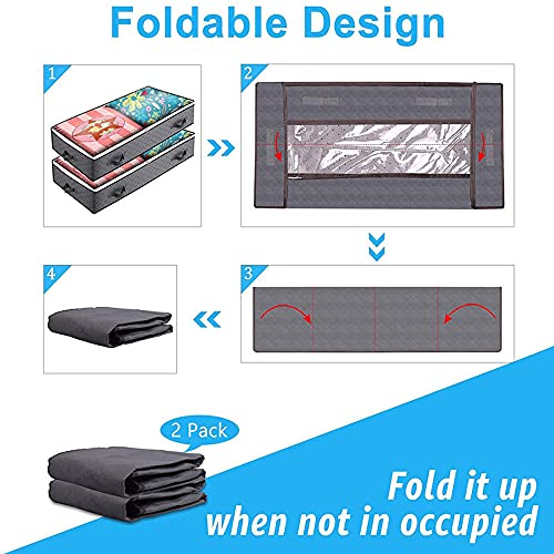 225L Large Capacity Underbed Storage Containers Set of 3 ,with 4 Reinforced Handle Thick Fabric for Comforters, Blankets, Bedding,Clothing , Clear Window(Dark gray)