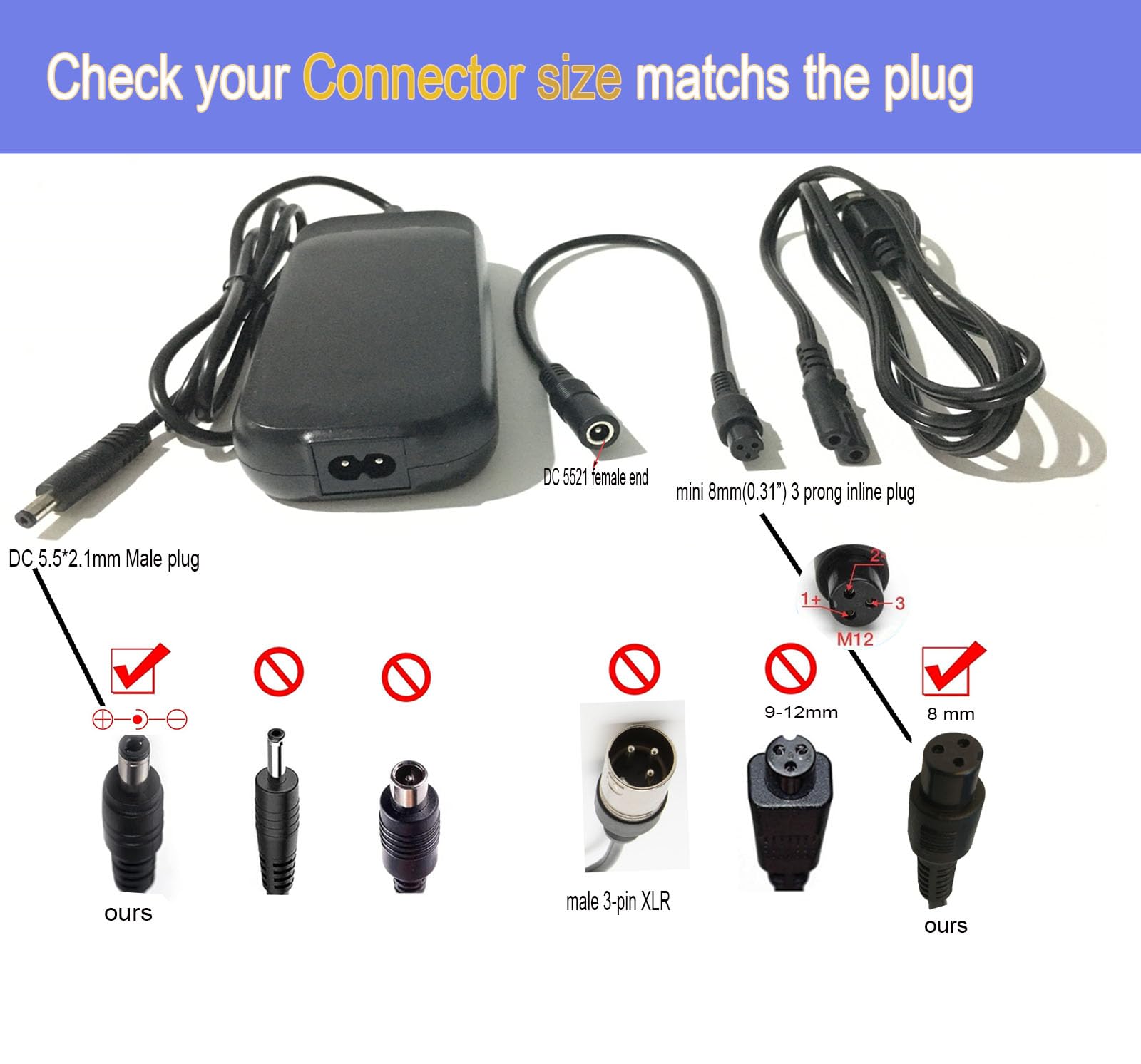 42V 2A Battery Charger Replacement 2 Plugs DC 2.1mm 1 Prong and 8mm 3 Prong Connector for 36V Lithium Battery, Power Supply Adapter 36 Volt Device