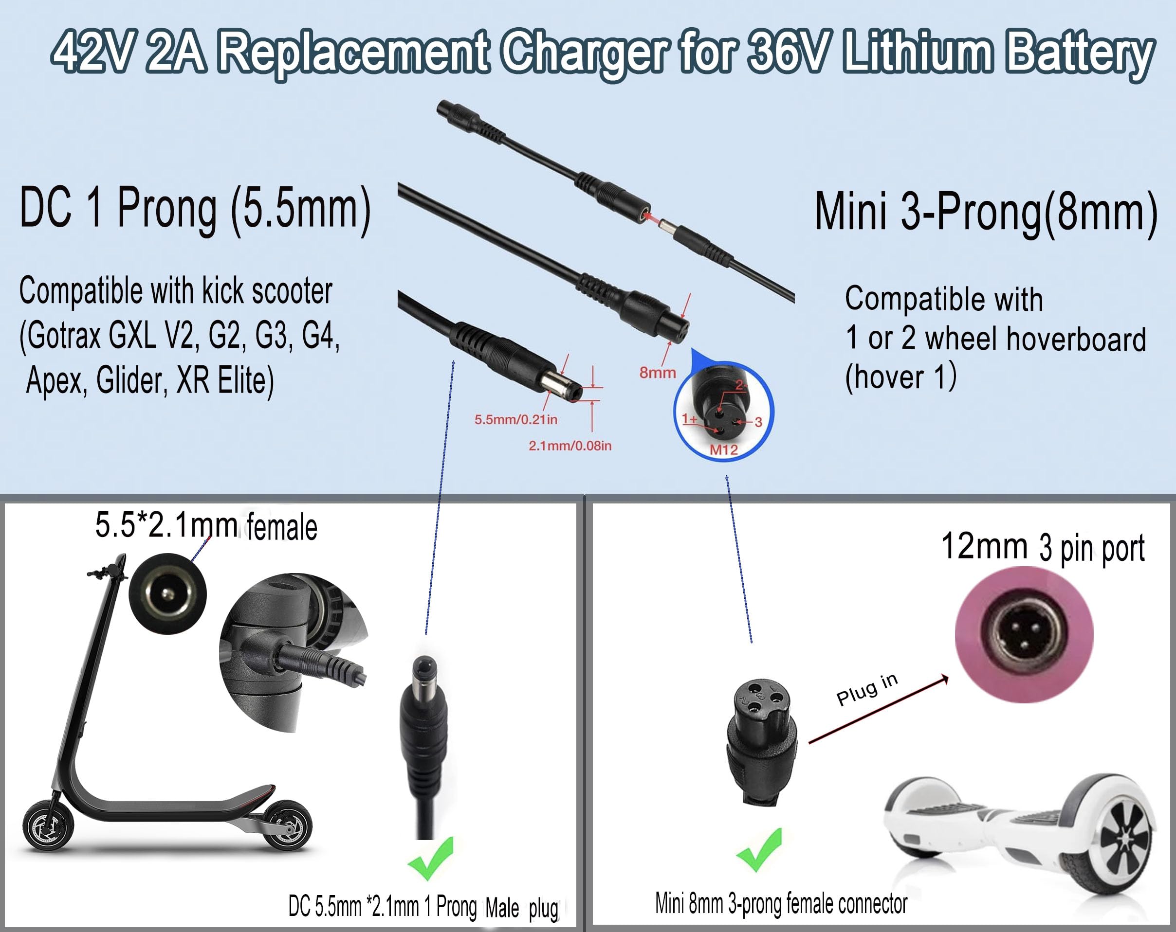 42V 2A Battery Charger Replacement 2 Plugs DC 2.1mm 1 Prong and 8mm 3 Prong Connector for 36V Lithium Battery, Power Supply Adapter 36 Volt Device