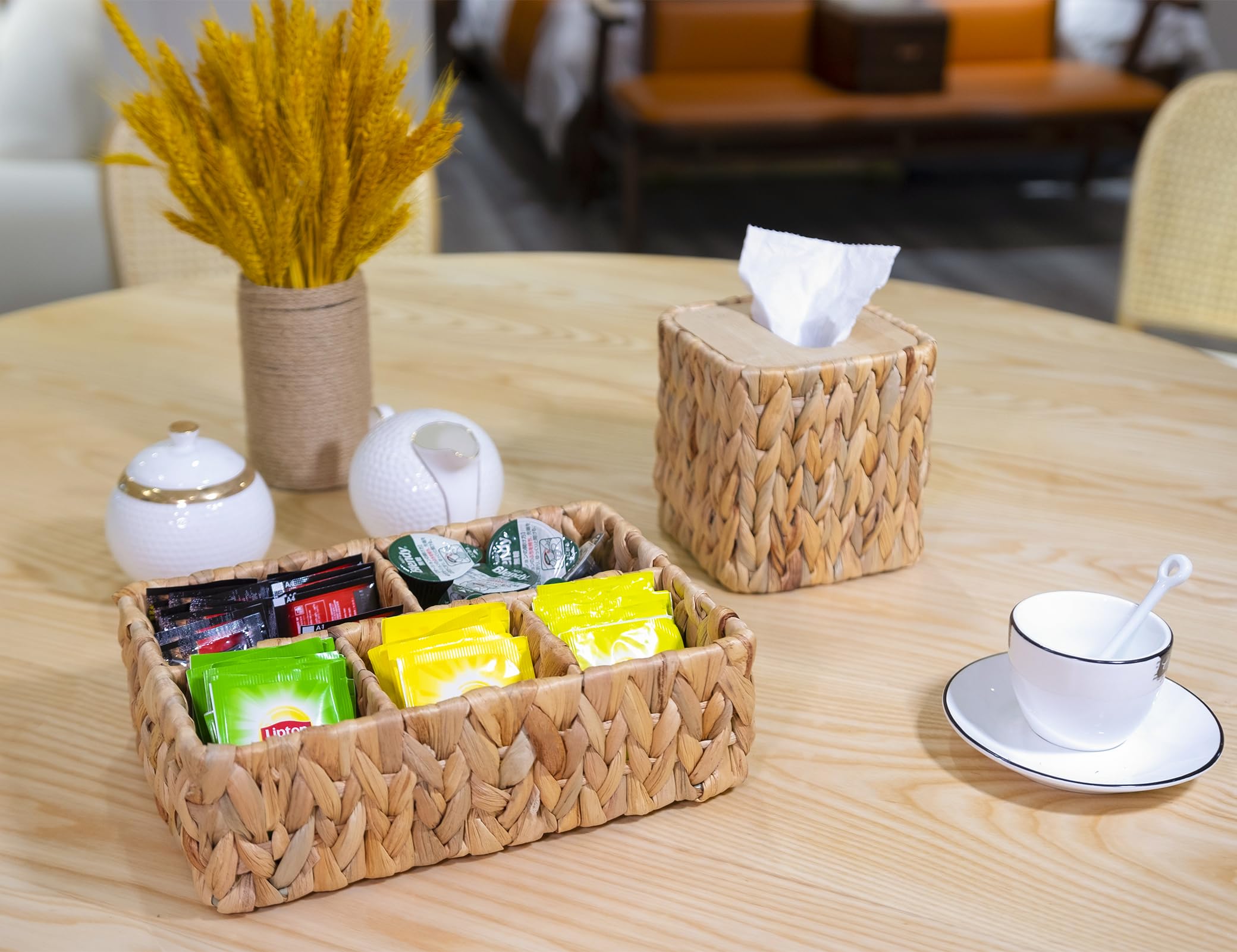 Ellinia Wicker Coffee Station Desk Coffee Pod Organizer, Divided Storage Basket Container with 5 Sections, Water Hyacinth Baskets, Tea Bag/Sugar Packet Holder, Basket for Drawer Organizing