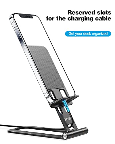 MEISO Cell Phone Stand, Fully Foldable Phone Holder for Desk, Desktop Mobile Phone Cradle Dock Compatible with iPhone, Samsung Galaxy, iPad Mini, Tablets Up to 10” (Black)
