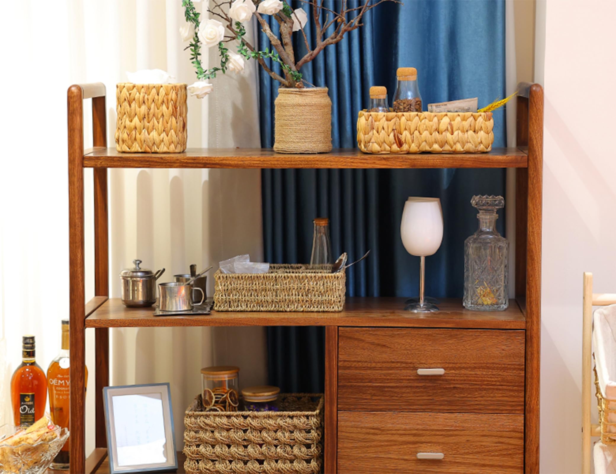 Ellinia Wicker Coffee Station Desk Coffee Pod Organizer, Divided Storage Basket Container with 5 Sections, Water Hyacinth Baskets, Tea Bag/Sugar Packet Holder, Basket for Drawer Organizing