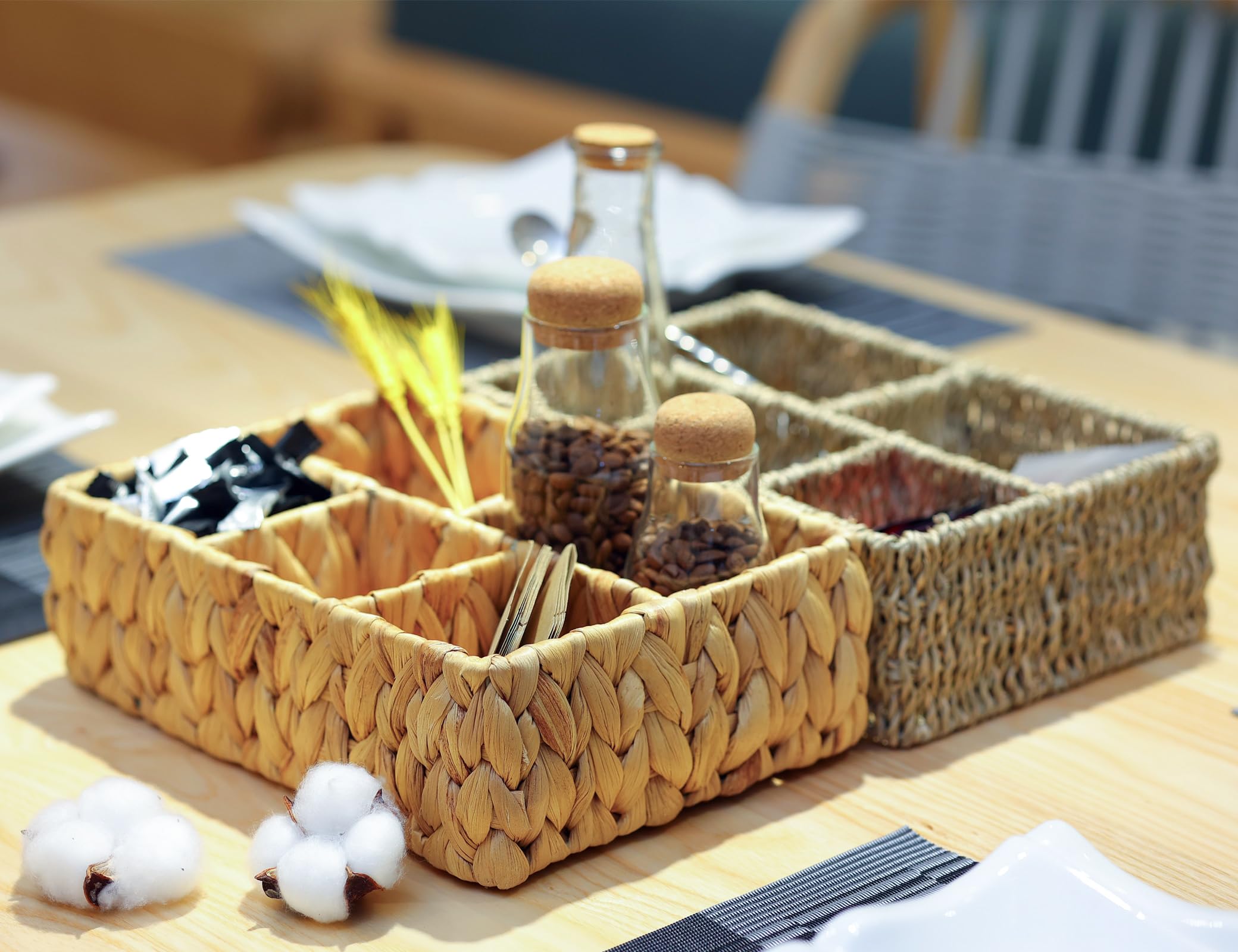 Ellinia Wicker Coffee Station Desk Coffee Pod Organizer, Divided Storage Basket Container with 5 Sections, Water Hyacinth Baskets, Tea Bag/Sugar Packet Holder, Basket for Drawer Organizing