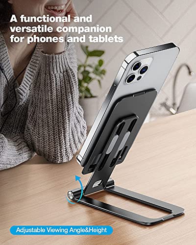 MEISO Cell Phone Stand, Fully Foldable Phone Holder for Desk, Desktop Mobile Phone Cradle Dock Compatible with iPhone, Samsung Galaxy, iPad Mini, Tablets Up to 10” (Black)