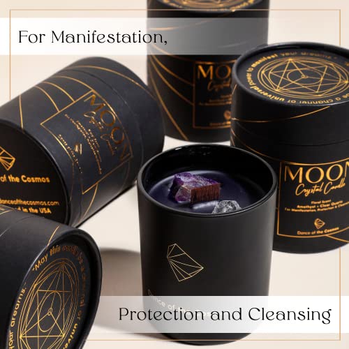 Healing Aromatherapy Crystal Candle| Amethyst and Clear Quartz| Lavender Essential Oil| Wood Wick| Black Soy Wax| Large 10.5 Oz Jar| for Manifestation, Stress Relief, and Magic| Luxury Gift Box|