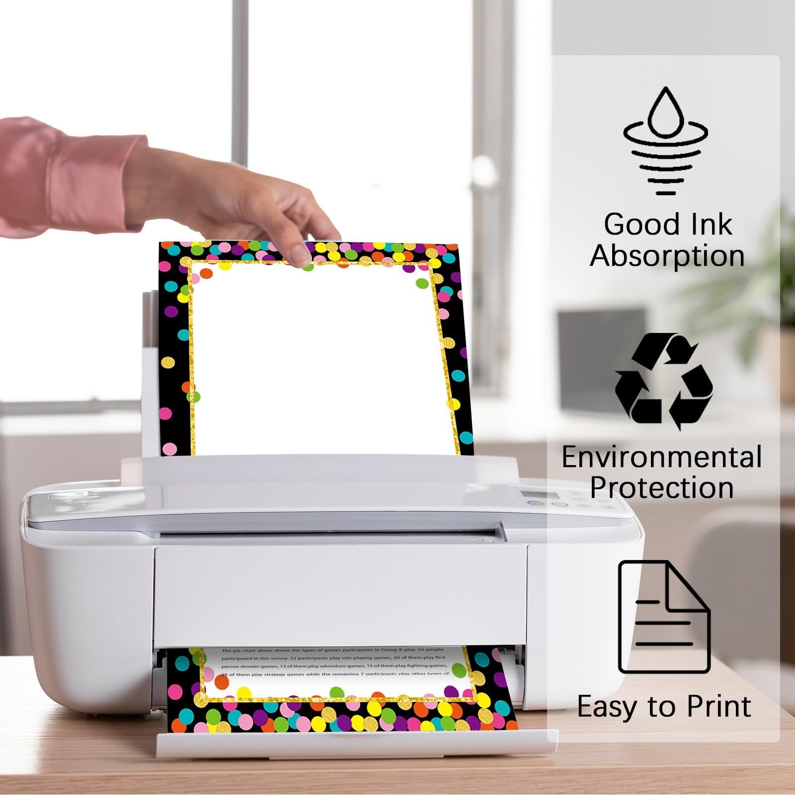 100 Sheets Back to School Confetti Black Stationery 8.5x11 Computer Border Printer Paper, Letterhead Paper for Teacher Printing Writing Letters, School Printer Supplies for Kids Home Family