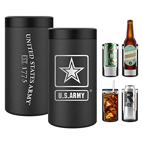 Army 4 in 1 Insulated Can Cooler, Stainless Steel Double-Walled Insulator for 12 oz Standard or Skinny Slim Cans, 12 Oz Beer Bottles & Mixed Drinks β Gifts for Soldiers