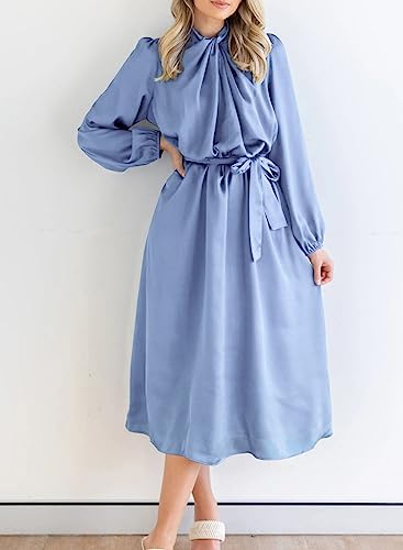 Dokotoo Women's Long Sleeve Satin Dresses Spring Mock Neck Keyhole Elastic High Waist Wedding Guest Evening Party Midi Dress Sky Blue Medium
