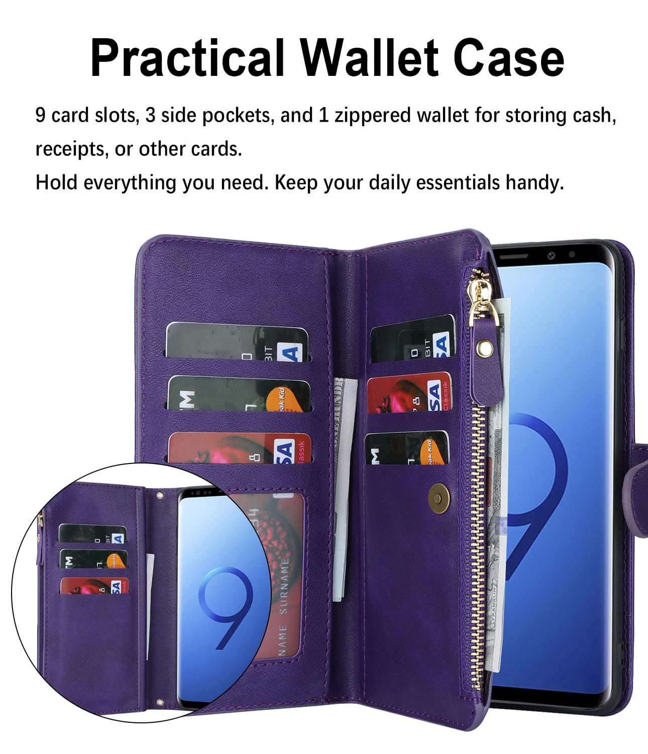 Ｈａｖａｙａ Crossbody Phone case for Samsung Galaxy S9 Plus case with Strap for Women with Card Holder for Galaxy s9+Plus Zipper flip Wallet Cover with Credit Card Slot and Kickstand-Purple
