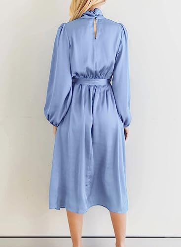 Dokotoo Women's Long Sleeve Satin Dresses Spring Mock Neck Keyhole Elastic High Waist Wedding Guest Evening Party Midi Dress Sky Blue Medium