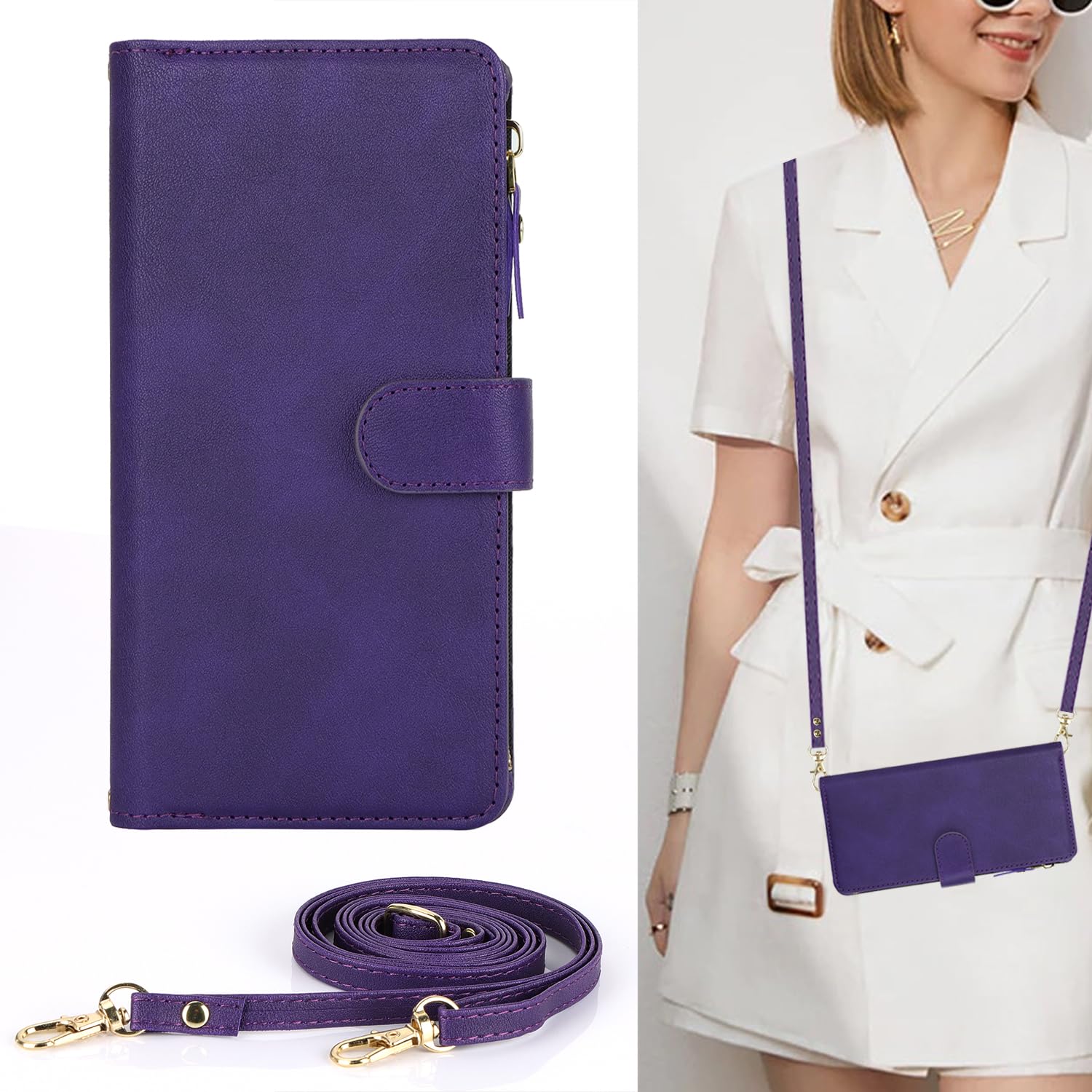 Ｈａｖａｙａ Crossbody Phone case for Samsung Galaxy S9 Plus case with Strap for Women with Card Holder for Galaxy s9+Plus Zipper flip Wallet Cover with Credit Card Slot and Kickstand-Purple