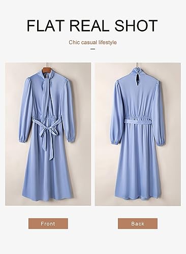 Dokotoo Women's Long Sleeve Satin Dresses Spring Mock Neck Keyhole Elastic High Waist Wedding Guest Evening Party Midi Dress Sky Blue Medium